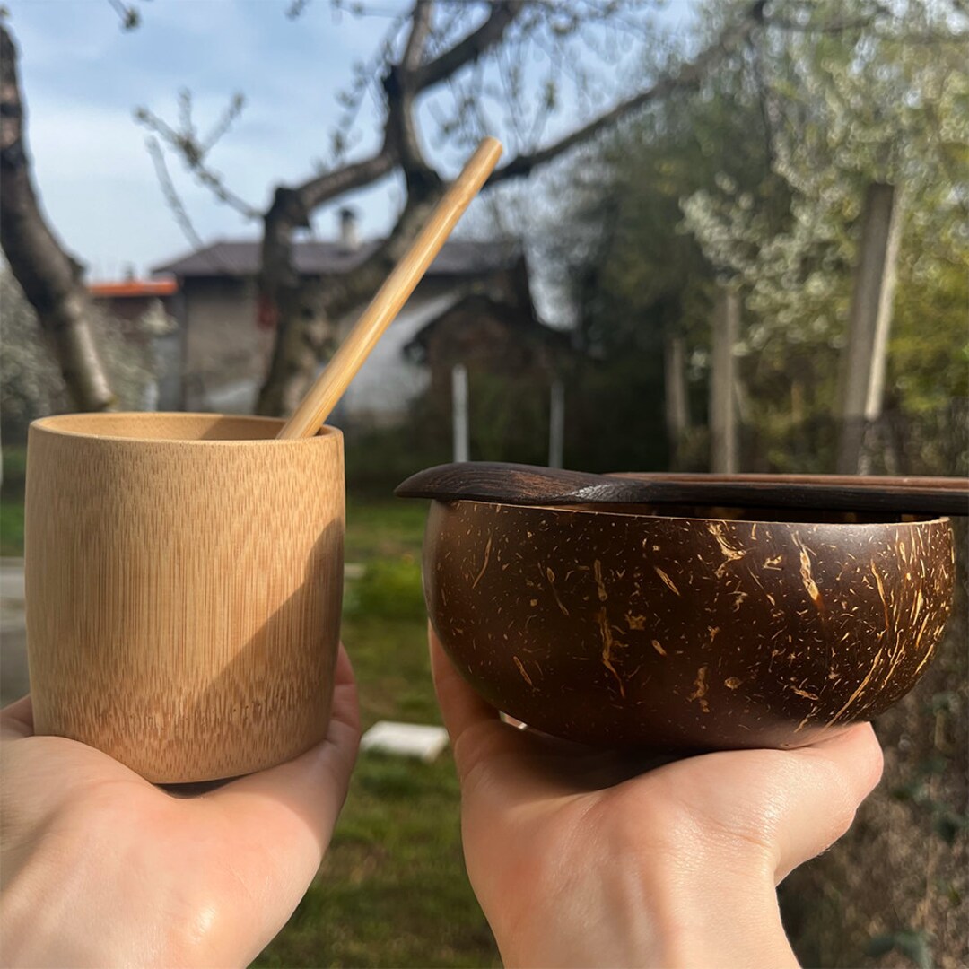 Personalized Coconut Shell Bowl and Cutlery With Bamboo Mug and Straw ...