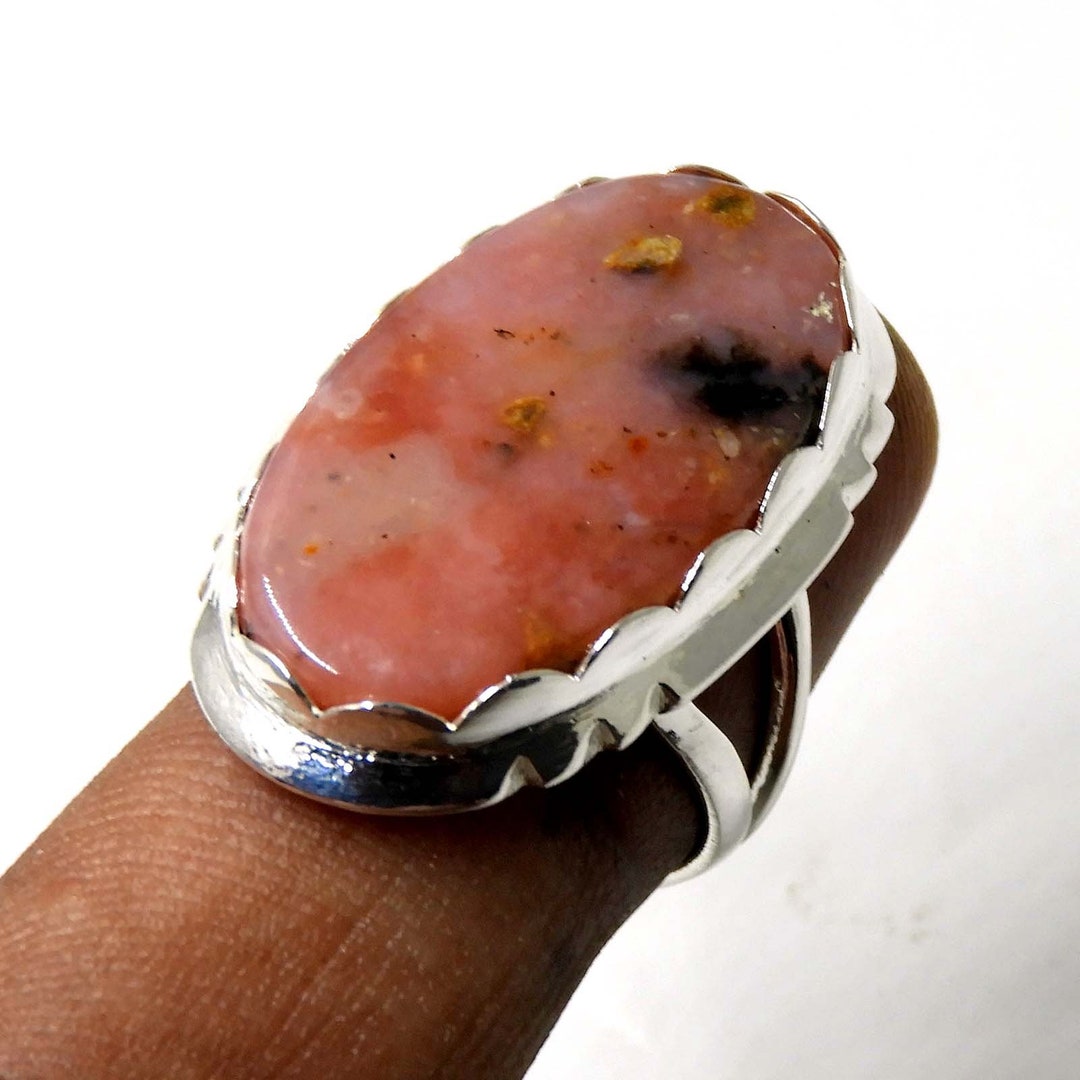 Pink Opal Ring, Large Peruvian Opal Sterling Silver Ring, Boho ...