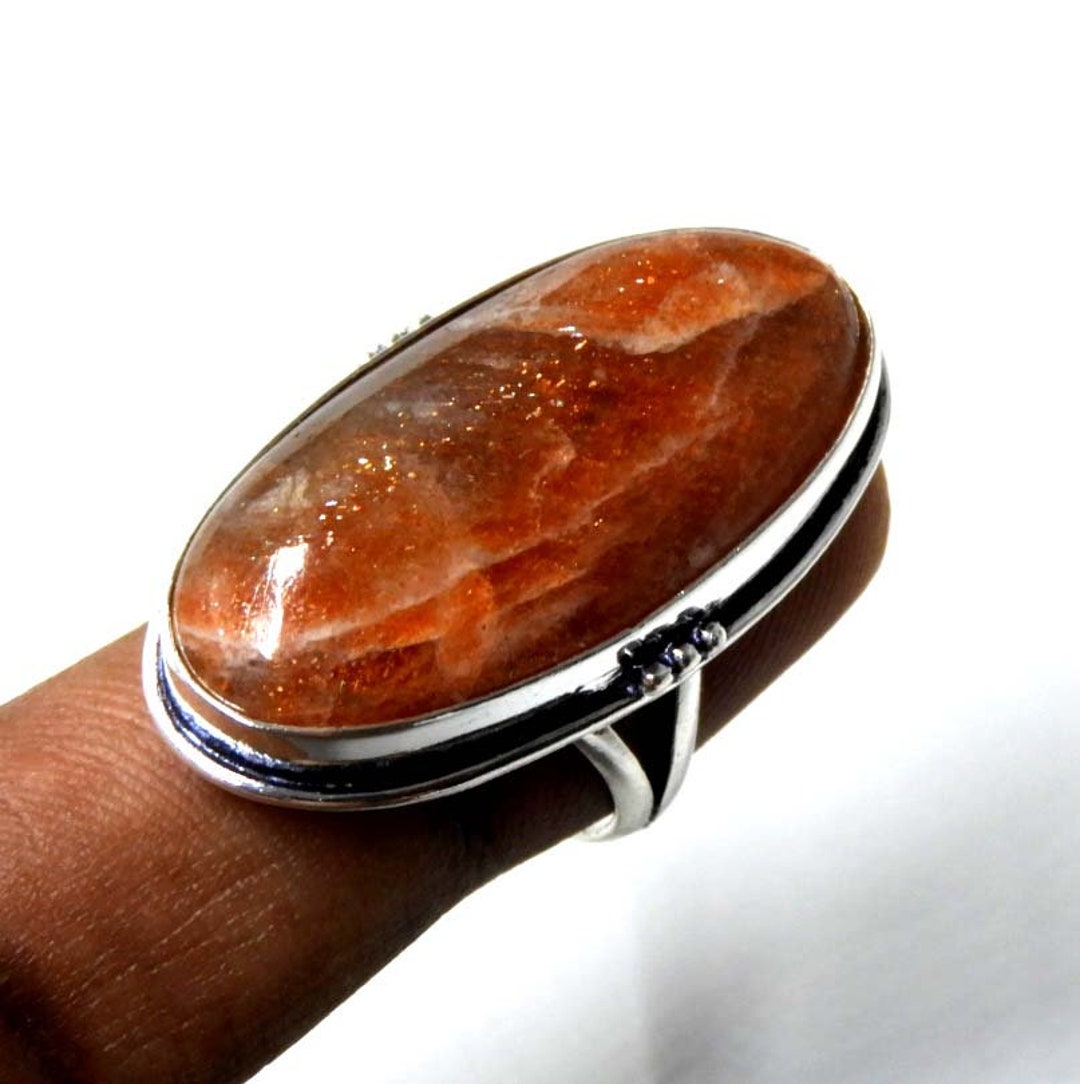 Large Sunstone Ring, Natural Fire Sunstone, 925 Sterling Silver Ring ...