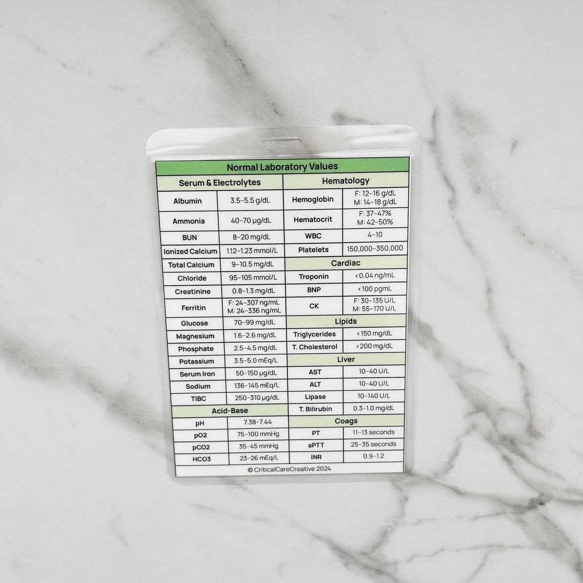 Normal Lab Values Reference Badge Buddy | Critical Care ICU Phlebotomy ...
