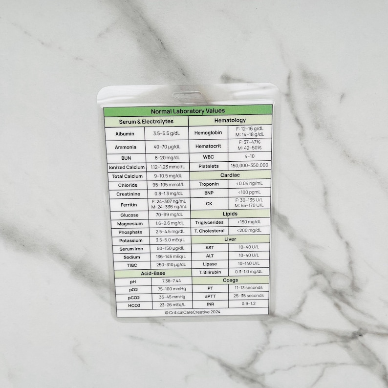Normal Lab Values Reference Badge Buddy | Critical Care ICU Phlebotomy ...