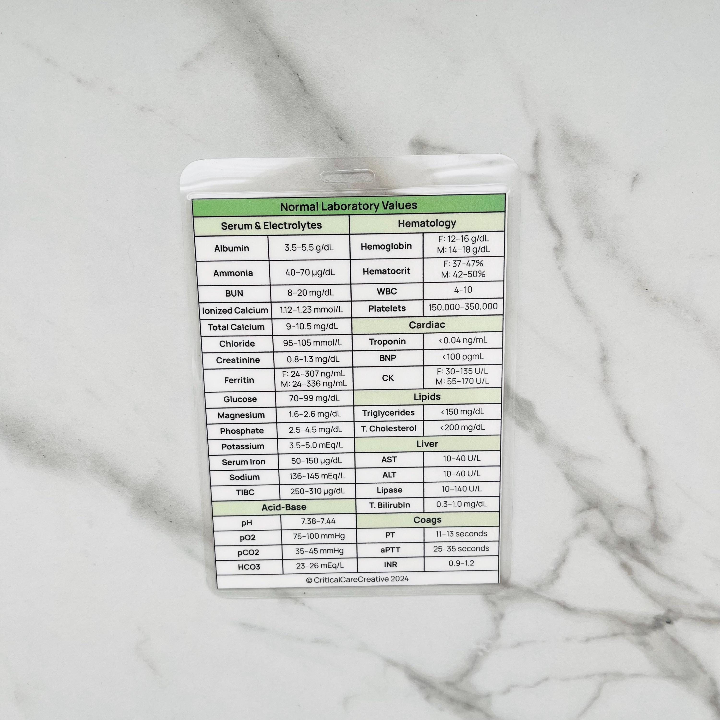 Normal Lab Values Reference Badge Buddy | Critical Care ICU Phlebotomy ...