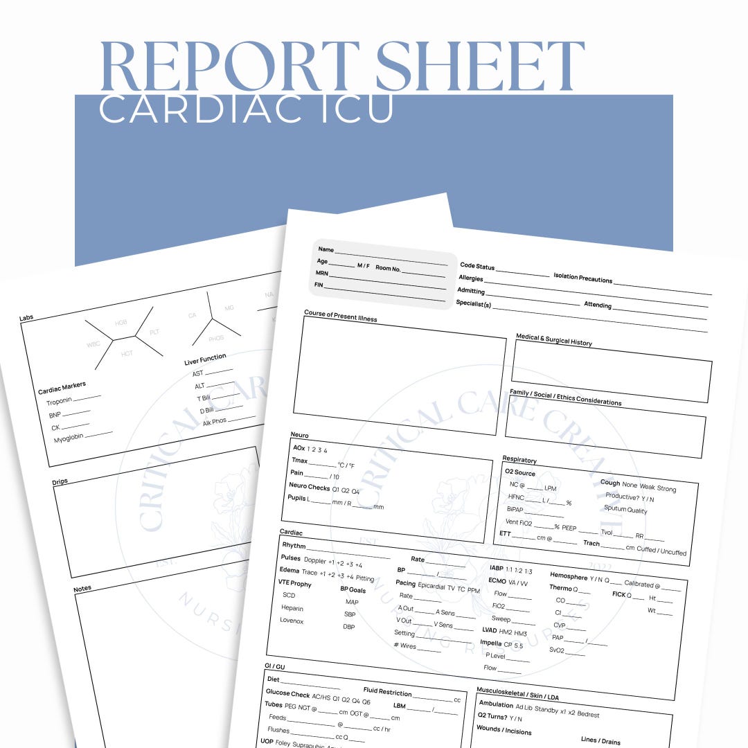 Nursing Report Sheet | Cardiac ICU Report Sheet | Critical Care Report ...