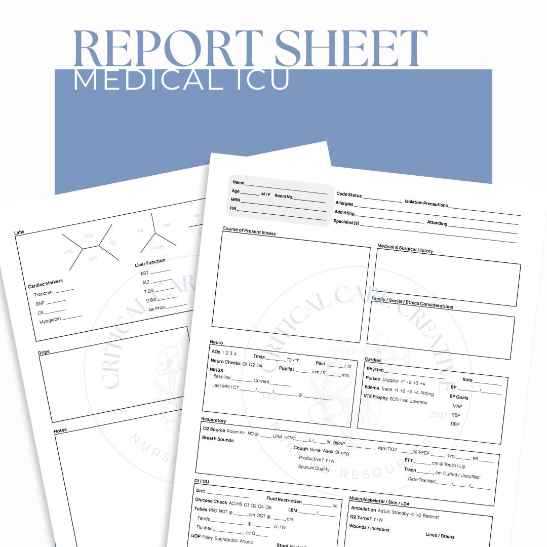 Nursing Report Sheet | Medical ICU Report Sheet | Critical Care Report ...