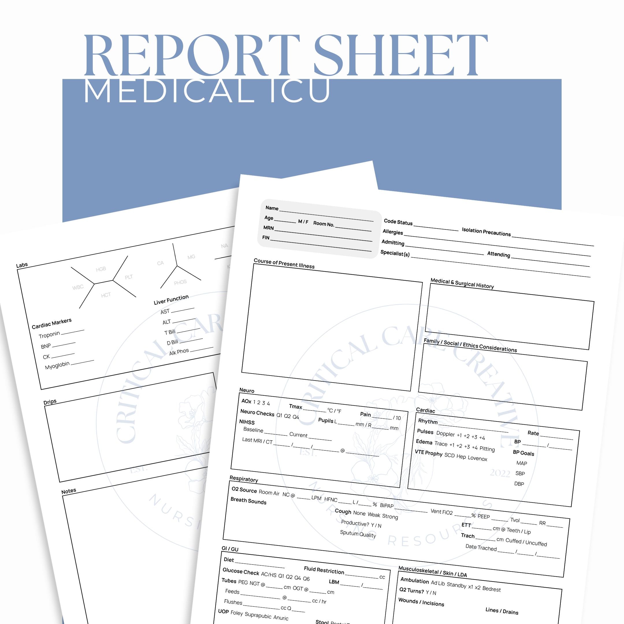 Nursing Report Sheet | Medical ICU Report Sheet | Critical Care Report ...