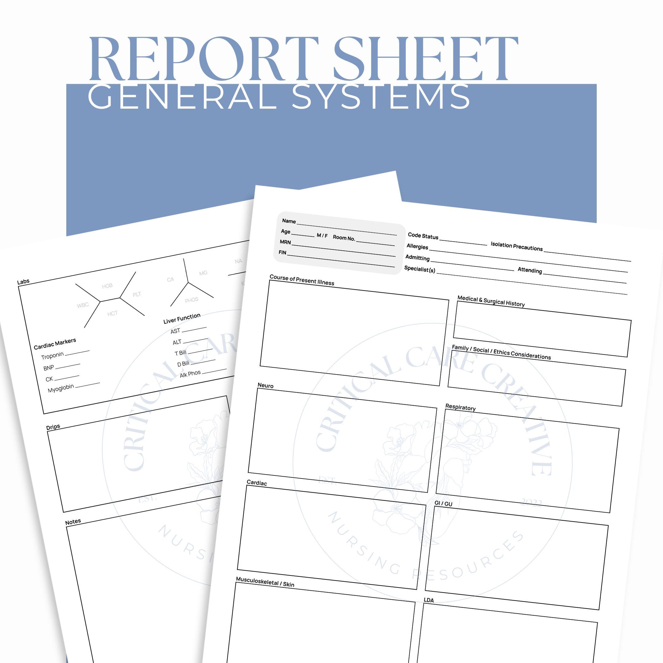 Nursing Report Sheet | General Systems Report Sheet | ICU Report Sheet ...