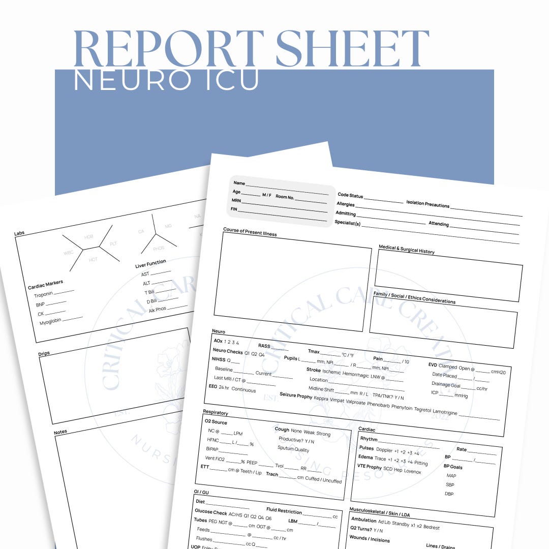 Nursing Report Sheet | Neuro ICU Report Sheet | Critical Care Report ...