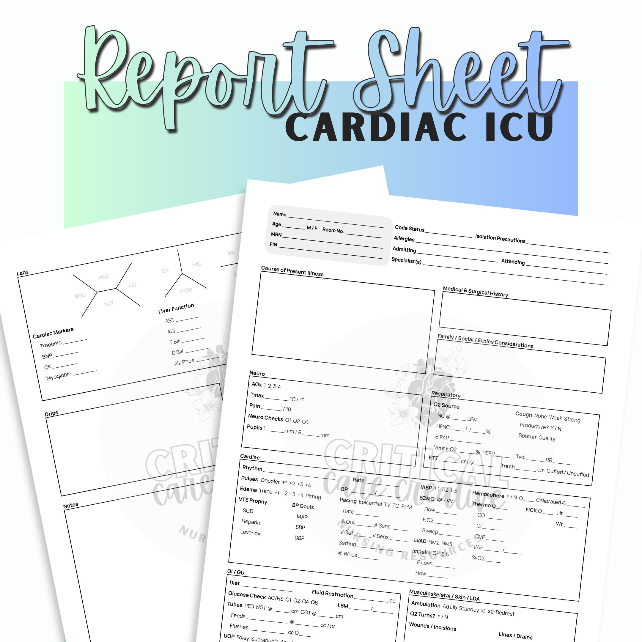 Nursing Report Sheet Cardiac ICU Report Sheet Critical Care Report ...