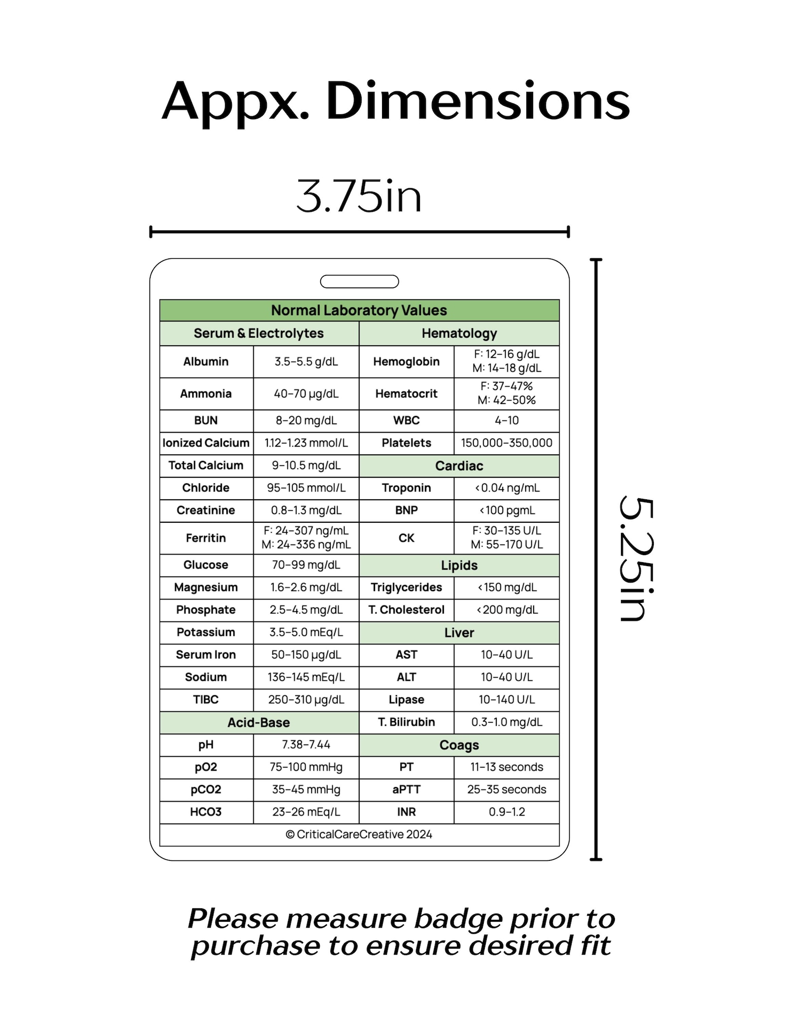 Normal Lab Values Reference Badge Buddy | Critical Care ICU Phlebotomy ...