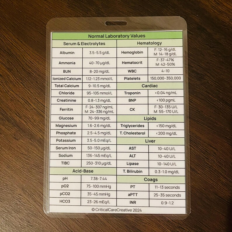 Normal Lab Values Reference Badge Buddy Critical Care ICU Phlebotomy ...