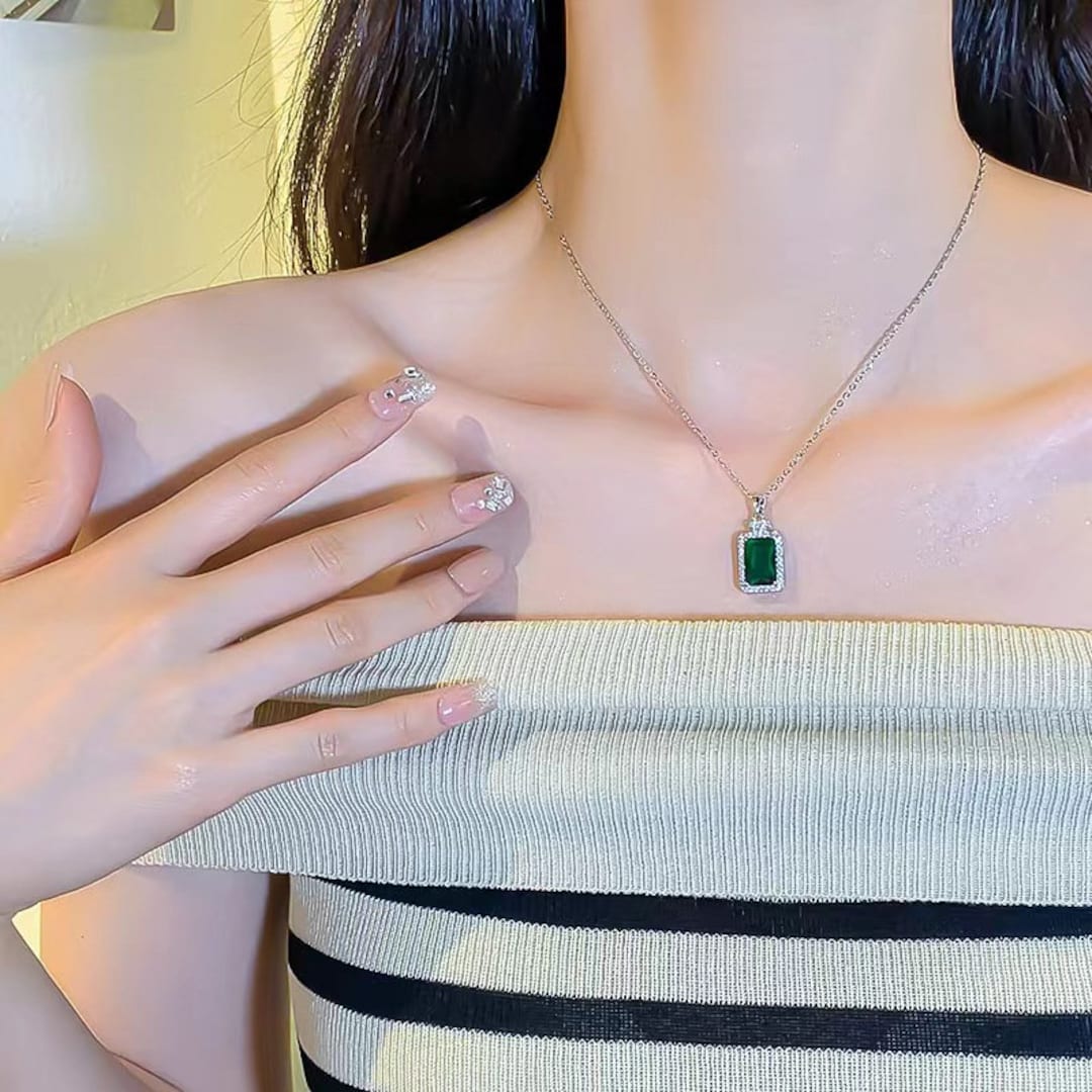 Square Emerald Pendant Necklace Choker Sterling Silver Necklace, Green ...