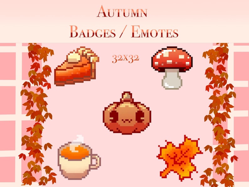 5 Cute Pixel Autumn Badges / Emotes | Cozy | Cottagecore | Twich | Leaf ...