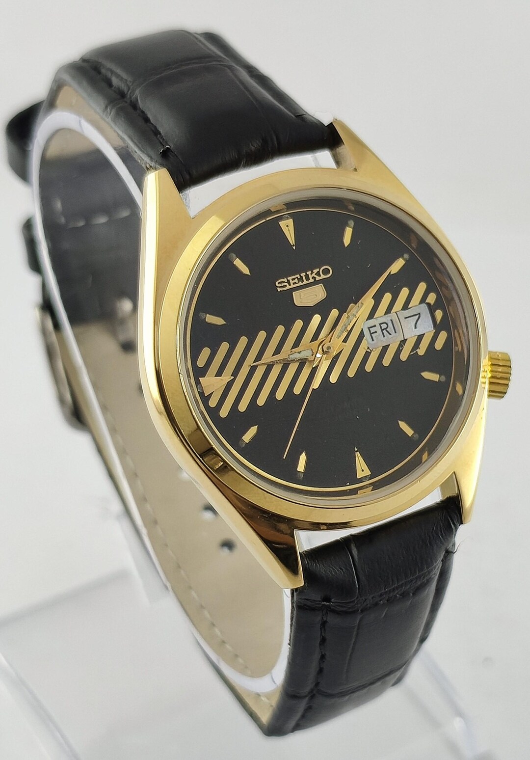 Vintage Seiko 5 Automatic Black Dial GP Case 17 J Day & Date Cal.7009 ...