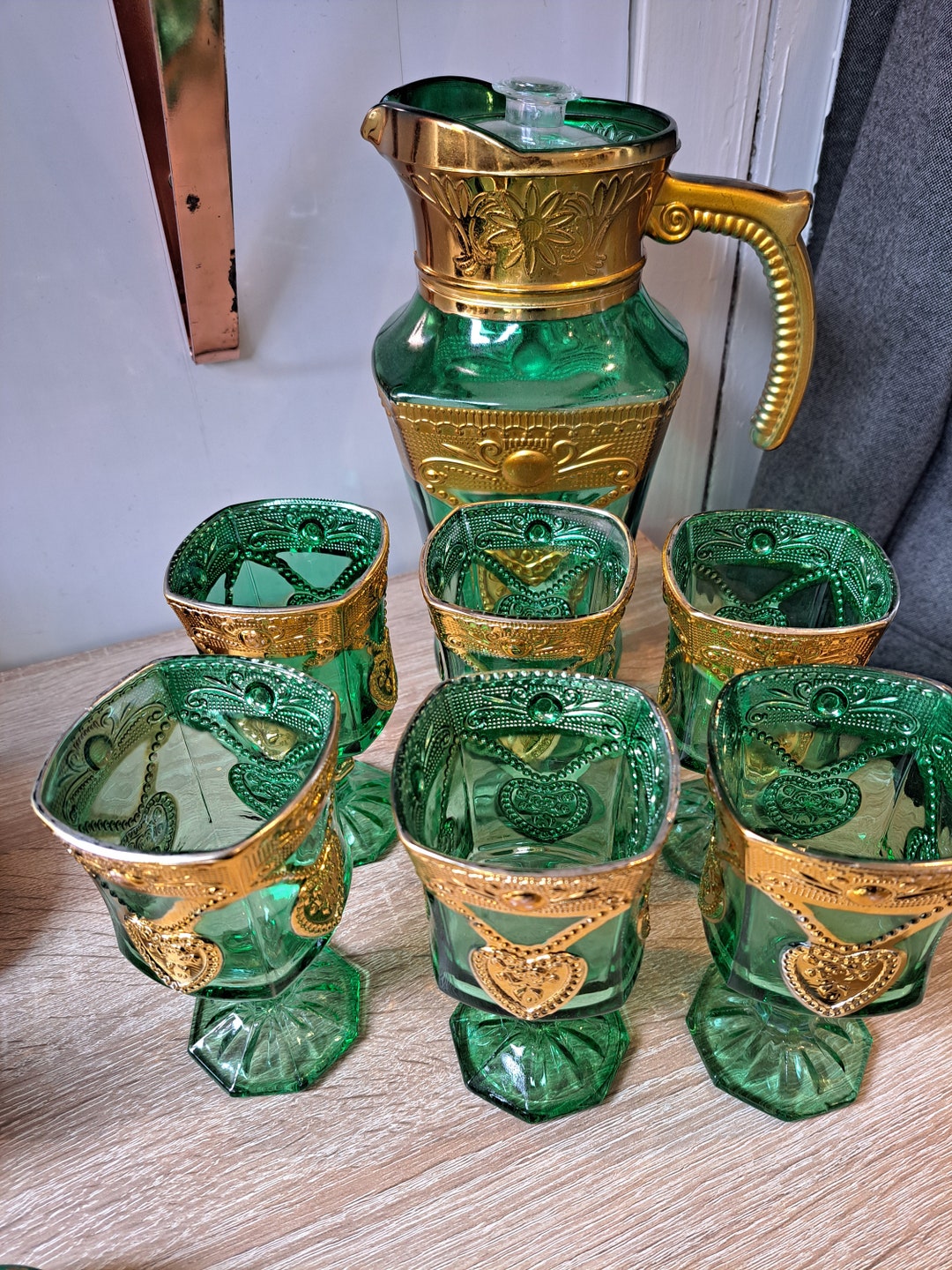 Vintage Green and Gold Pitcher & Glasses Set - Etsy