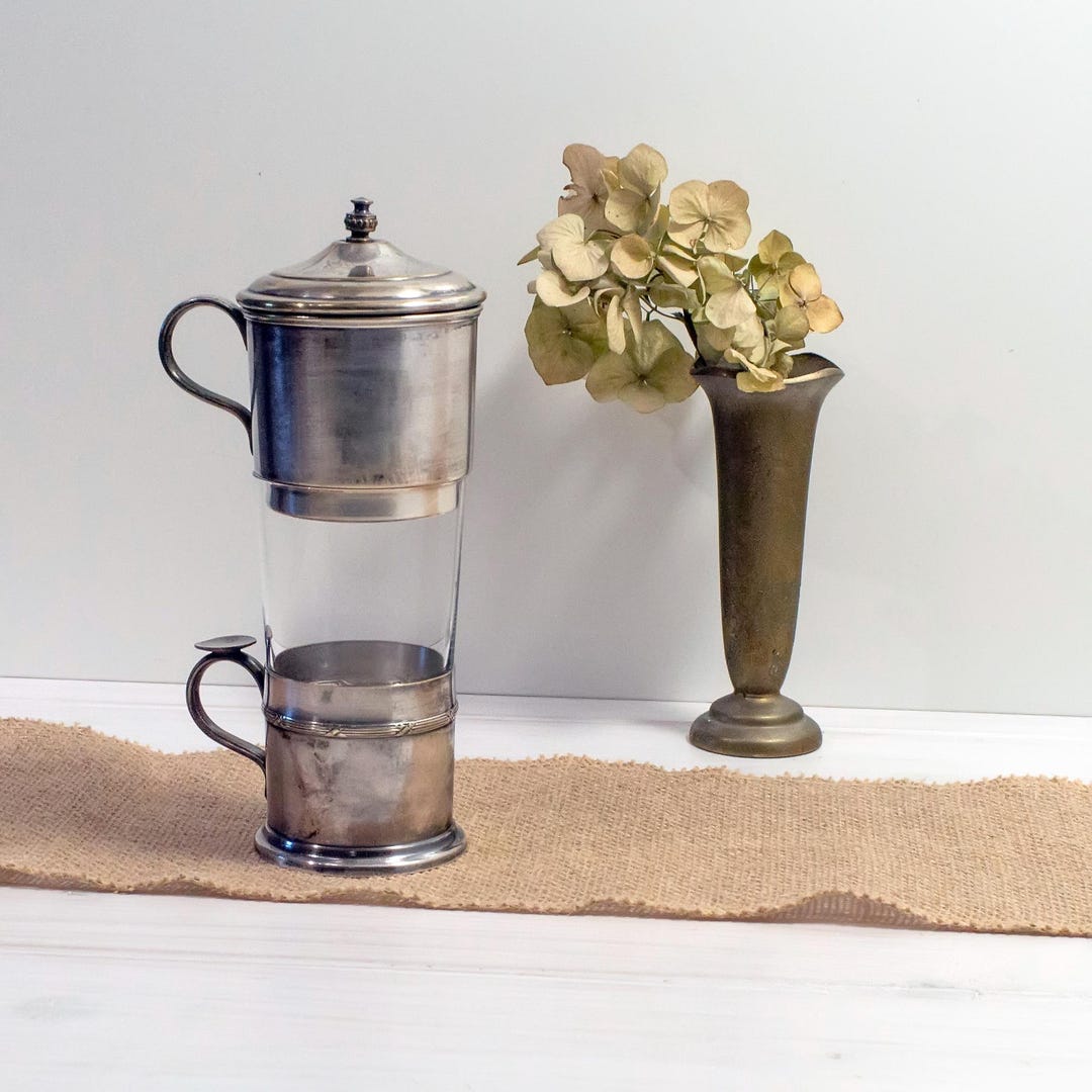 Metal & Glass Press Tea Infuser • Vintage Elegant Italian Silver Plated ...