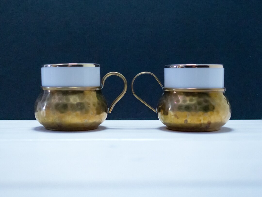 Italian Tête-à-tête Coffee Set • Porcelain White Cups in Hammered Brass ...