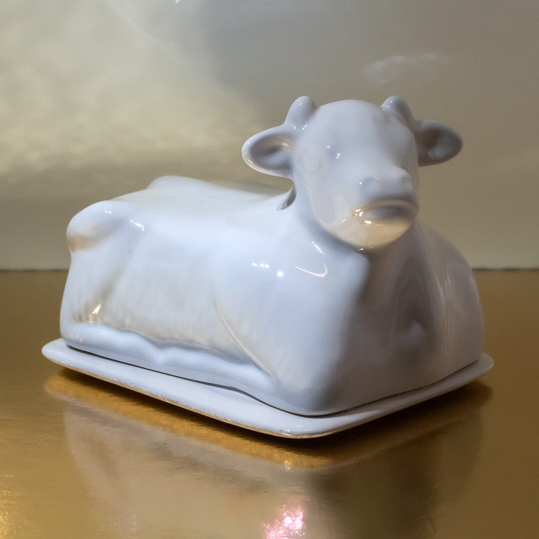 White Ceramic Butter Dish With Cow Lid • Italy Vintage, 1980s, Perfect ...