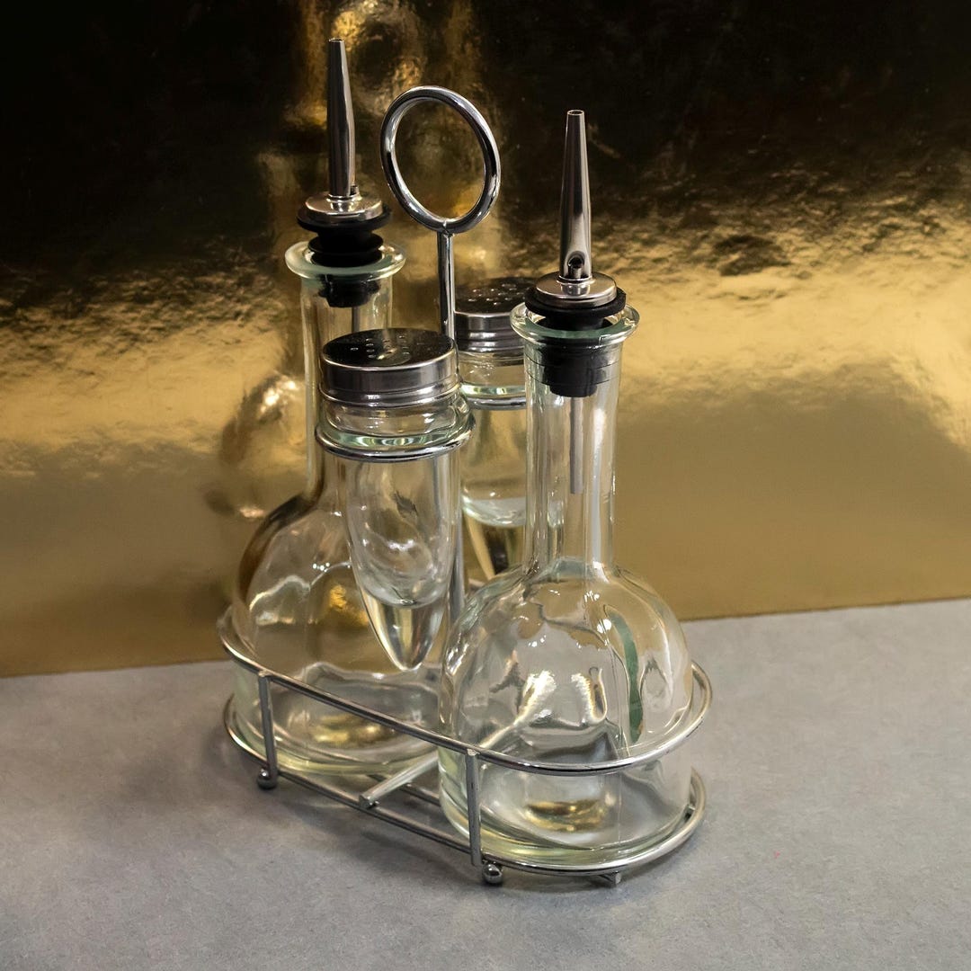 Vintage Italian Glass Cruet Set: Oil, Vinegar, Salt & Pepper Shakers ...