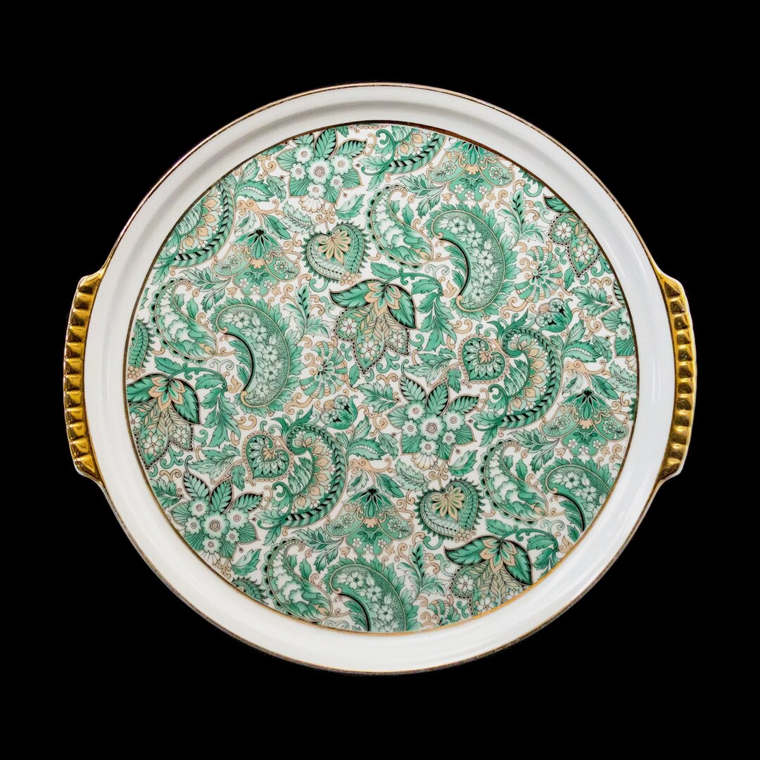 Round Porcelain Tray • Vintage Swiss Ceramic. Green and Gold Etro Style ...