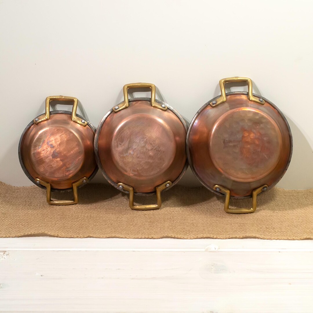 Vintage Spanish Copper Cazuelas Set Handcrafted Brass Handle ...