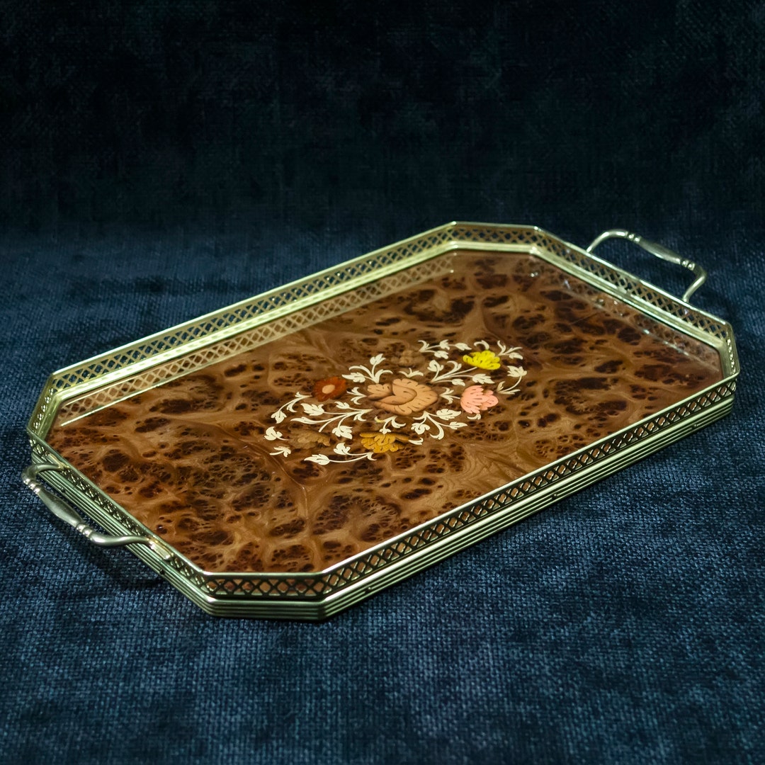 Antique Brown & Gold Inlaid Wooden Tray Medium Size Sorrentine ...