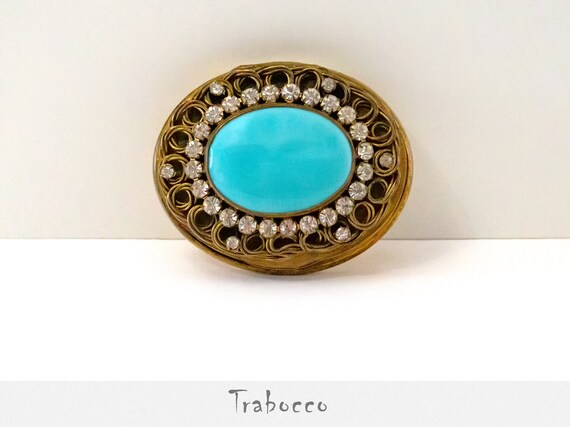 Vintage Italian Blue Powder Box • Oval-shaped brass, … - Gem