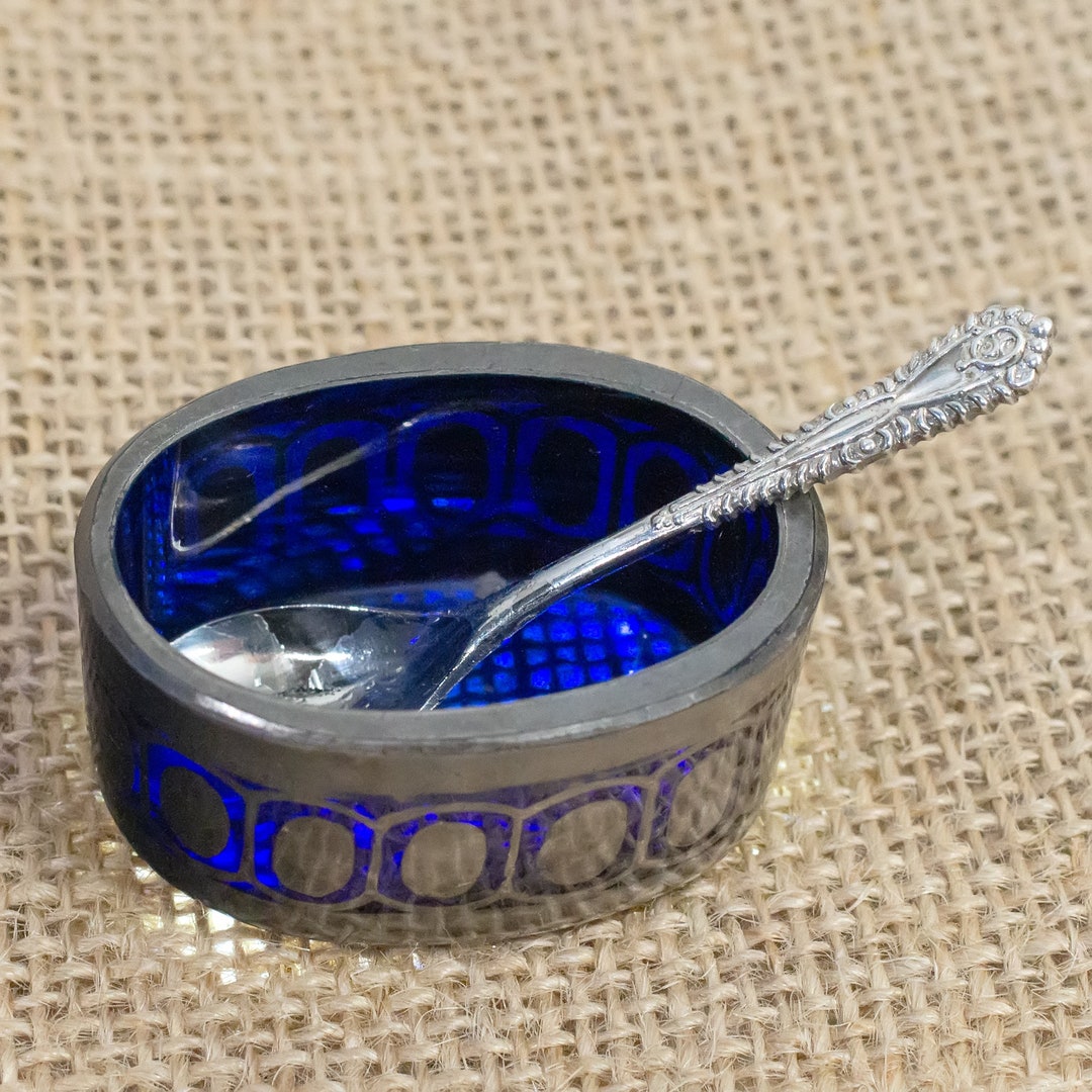 Blue Glass & Silver Salt Cellar This Set Consists of a Blue Salt Cellar ...