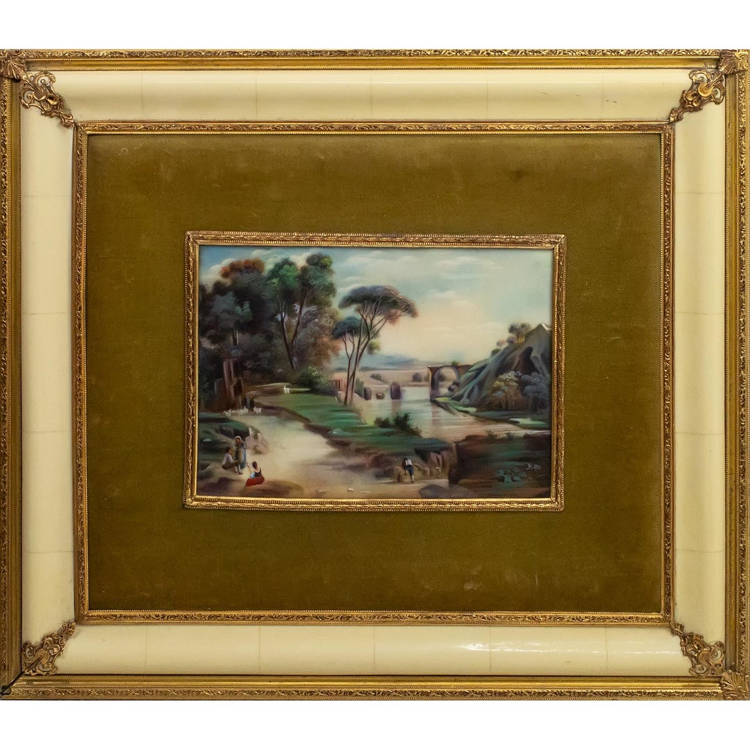 Antique Framed Italian Landscape Painting: Old Roman Bridge, River ...