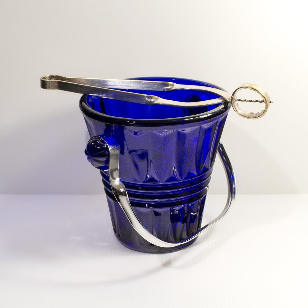 Vintage Blue Ice Bucket With Tongs Italian Solid Blue Glass Ice Bucket ...