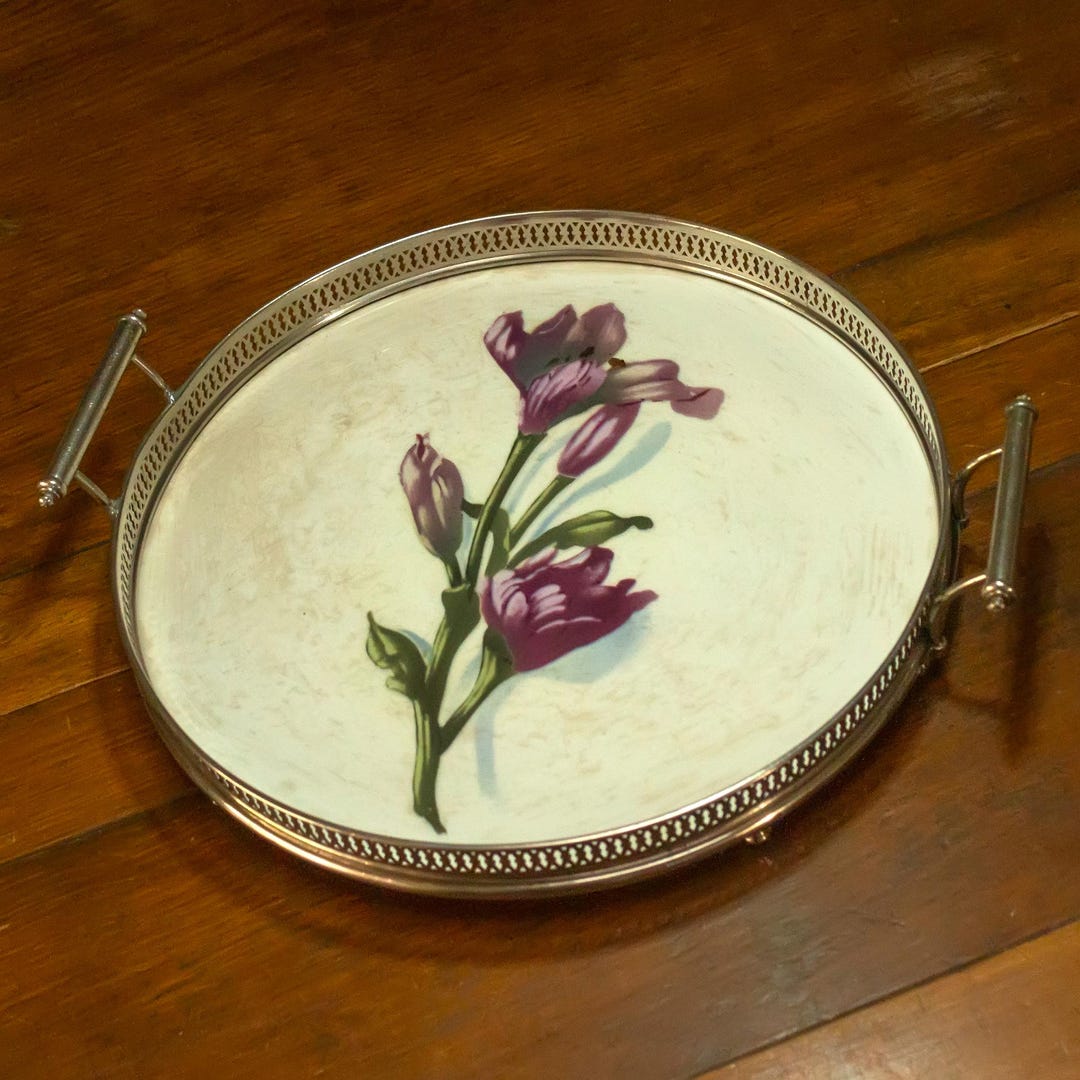 Vintage Round Ceramic Tray • Metalwork & Ceramic Insert, Two Handles ...