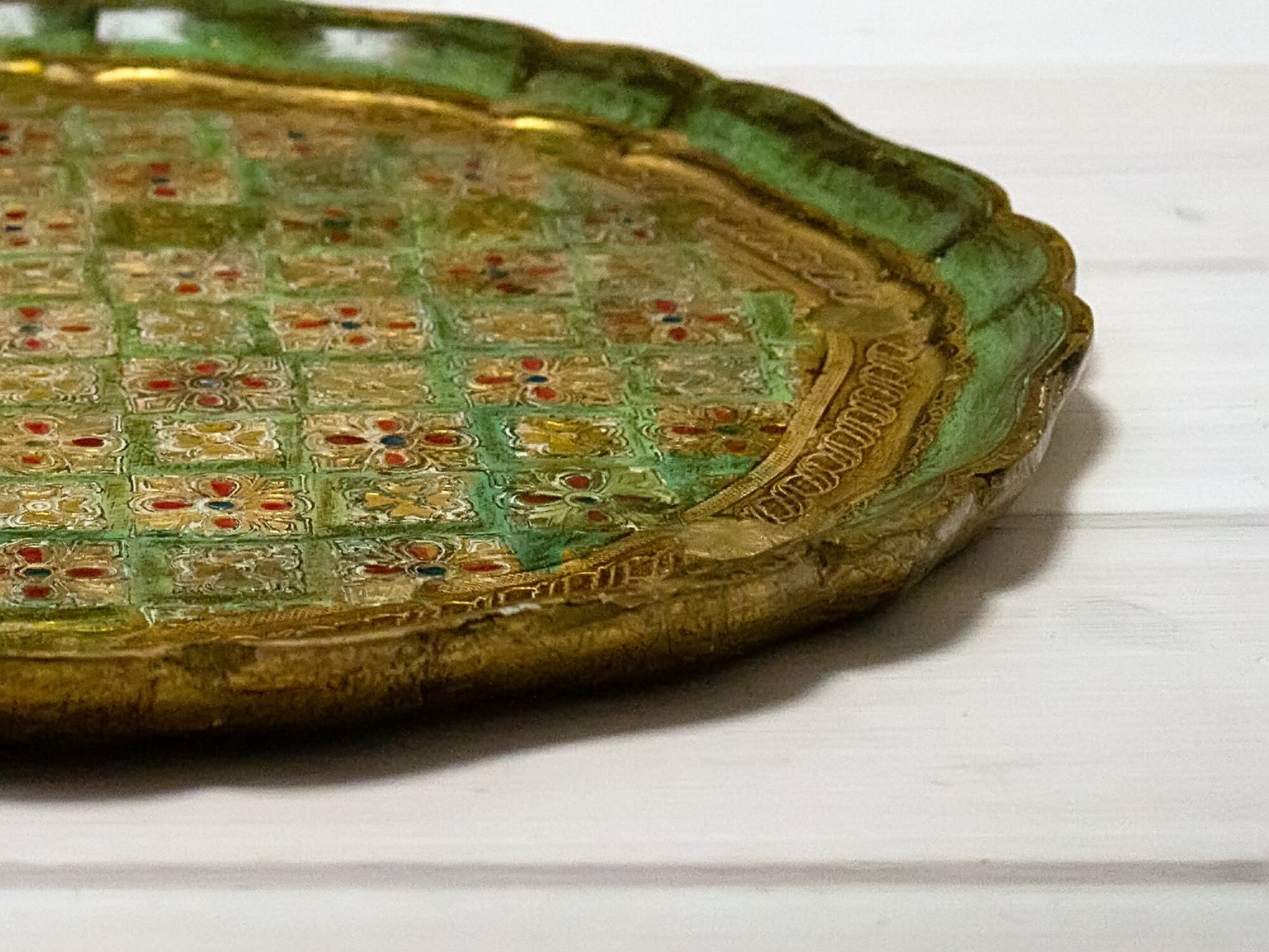 Green-gold-red Round Wooden Tray Traditional Florentine Hand-carved and ...