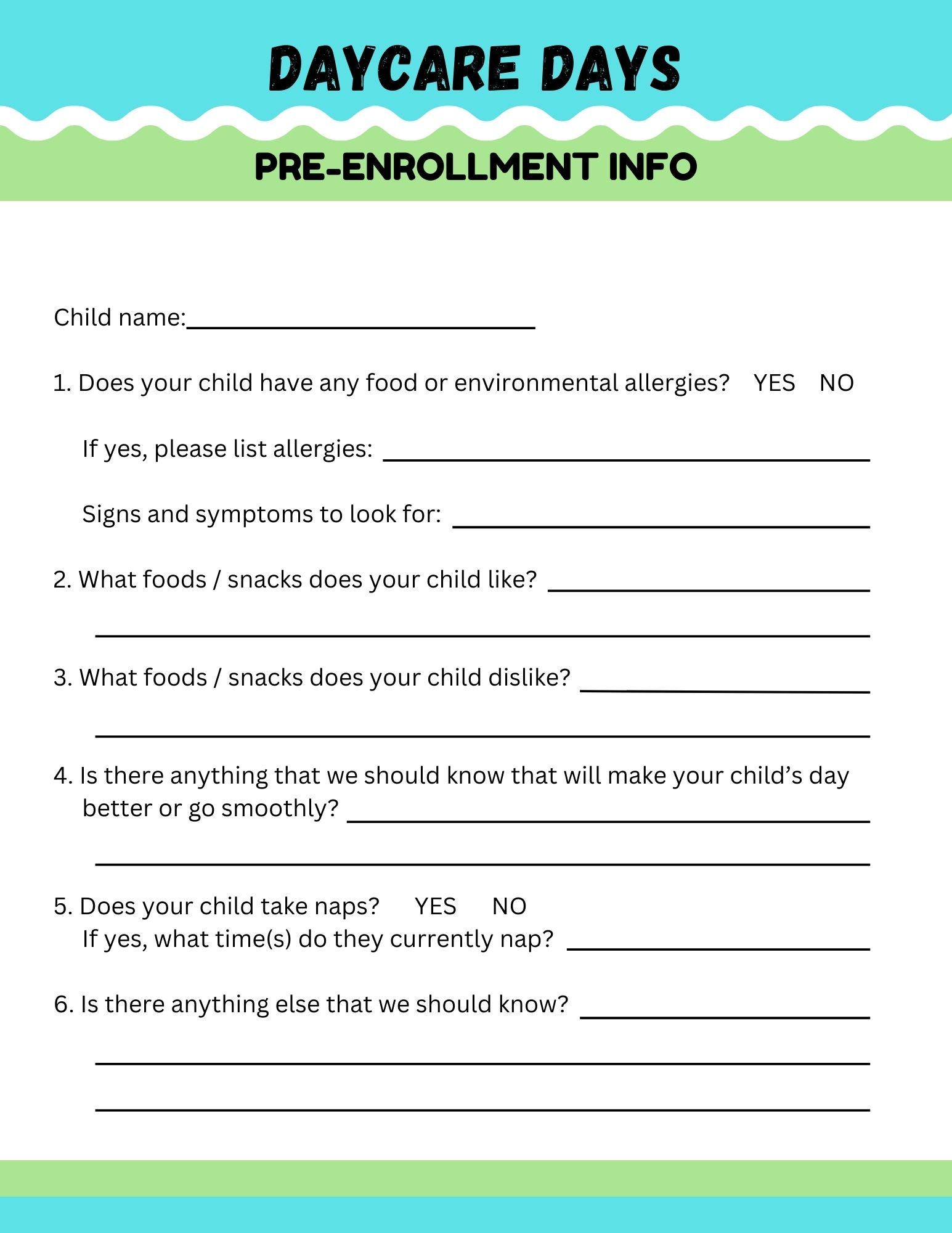 Pre-enrollment Info Form for Childcare - Etsy