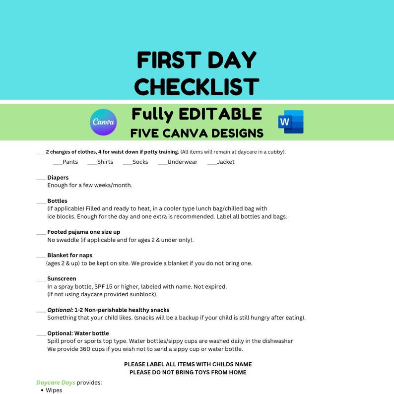 First Day of Childcare Checklist - Etsy