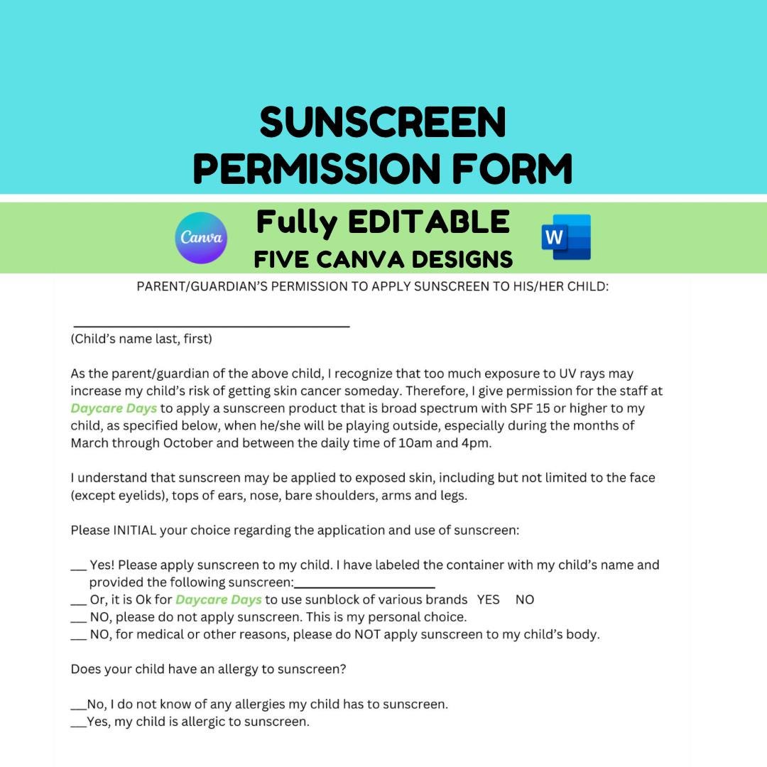 Sunscreen Permission Form - Etsy