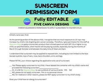 Sunscreen and Bug Spray Permission Form/ Sunscreen Application Form ...