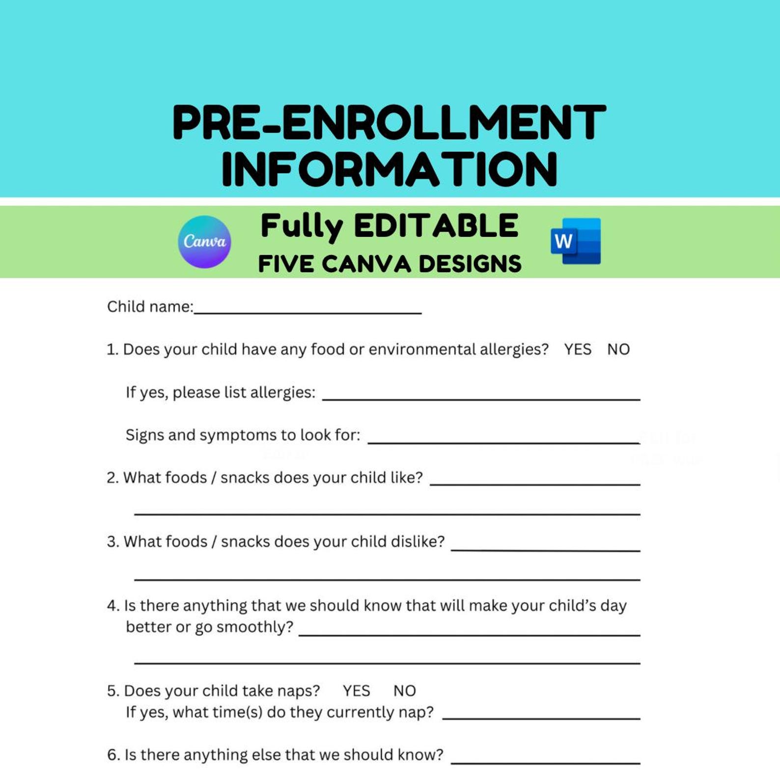 Pre-enrollment Info Form for Childcare - Etsy
