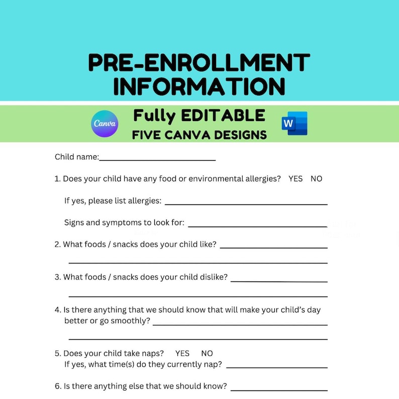 Pre-enrollment Info Form for Childcare - Etsy