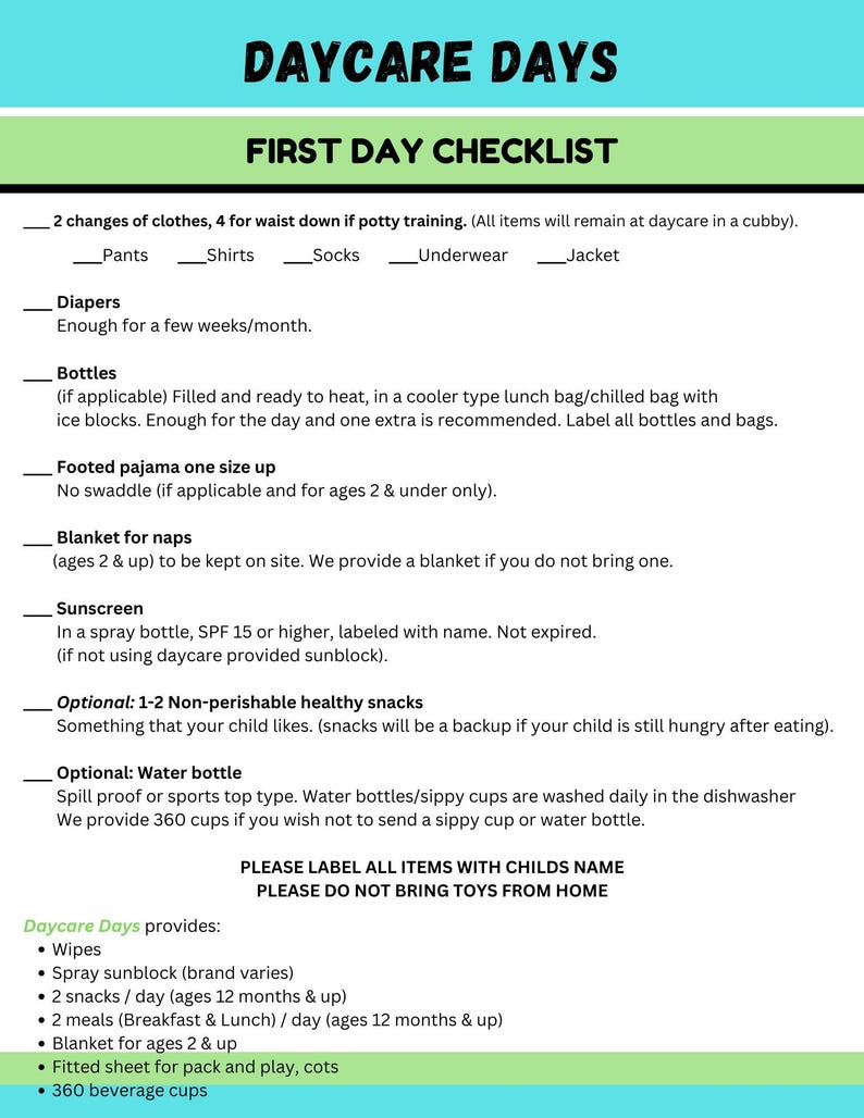 First Day of Childcare Checklist - Etsy