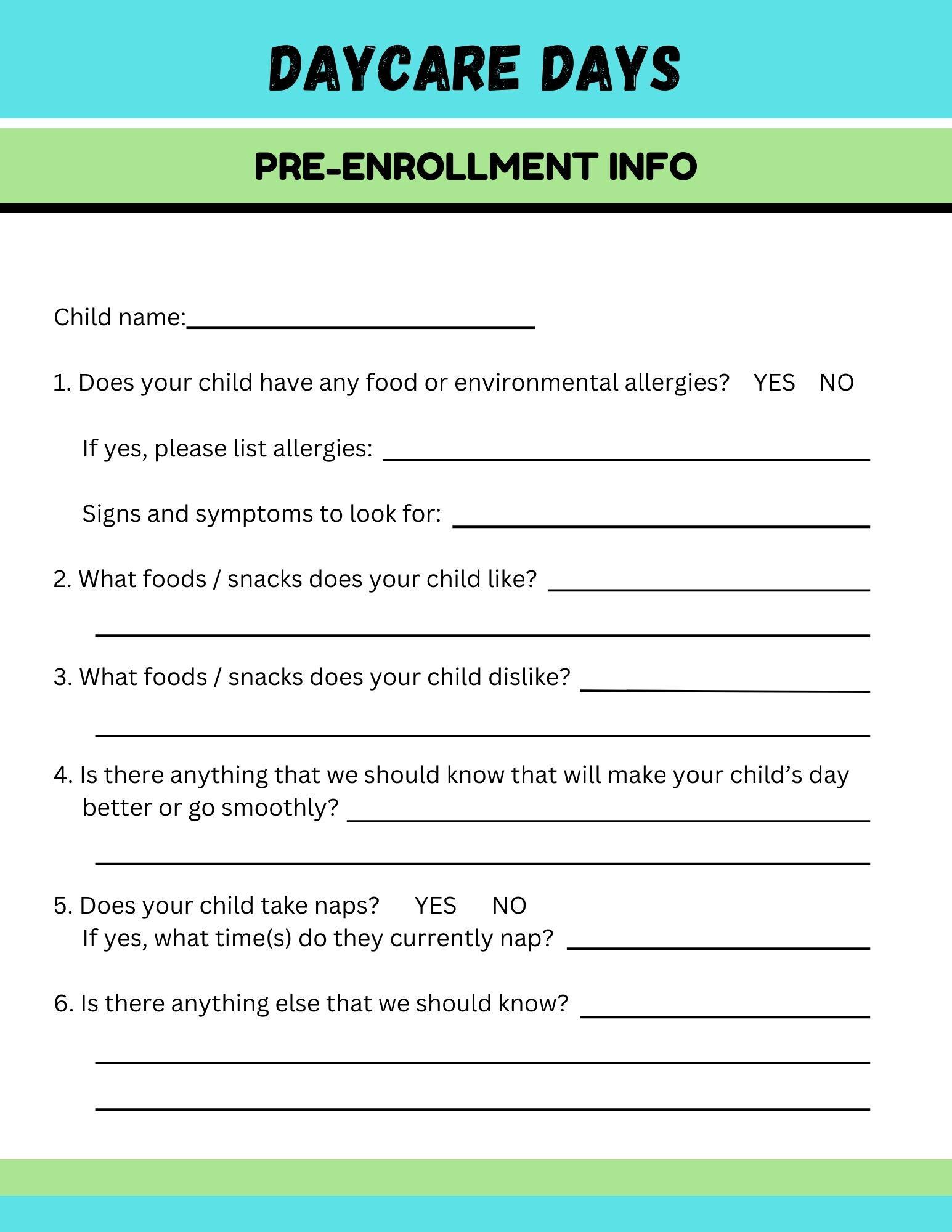 Pre-enrollment Info Form for Childcare - Etsy