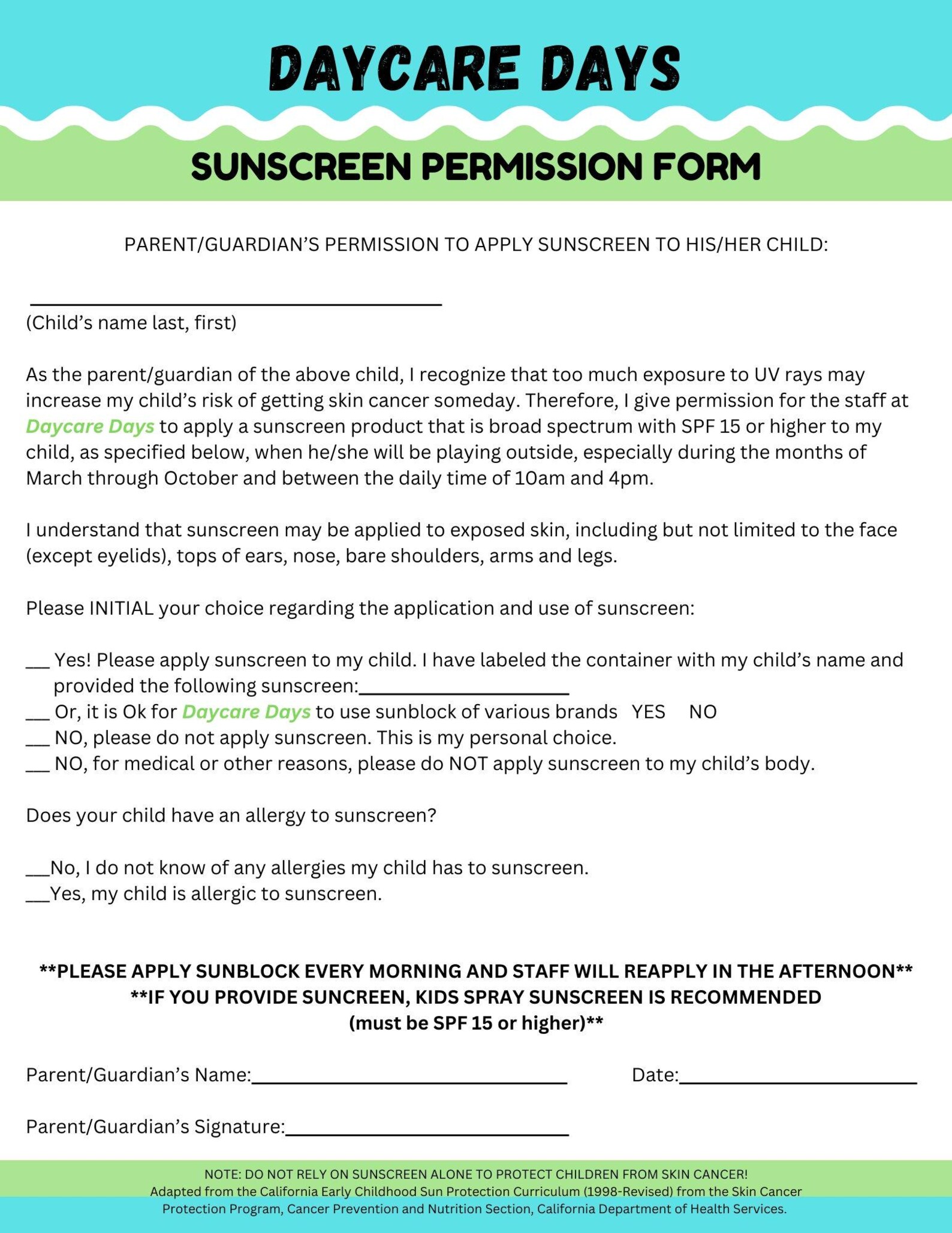 Sunscreen Permission Form - Etsy