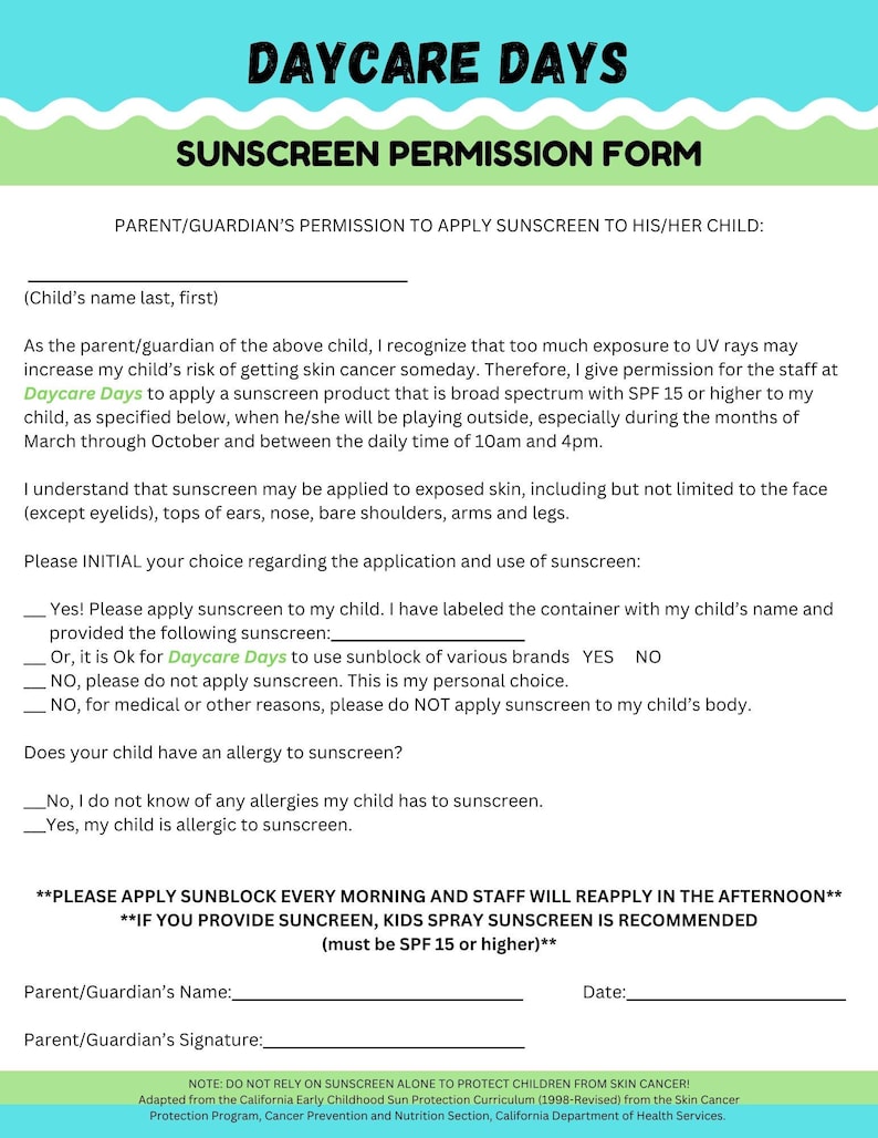 Sunscreen Permission Form - Etsy