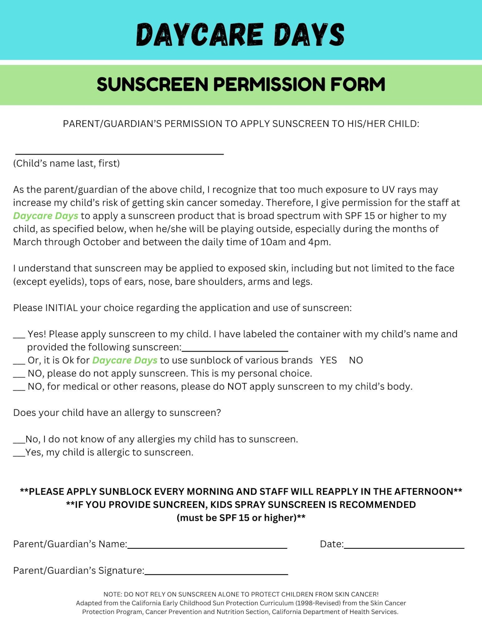 Sunscreen Permission Form - Etsy