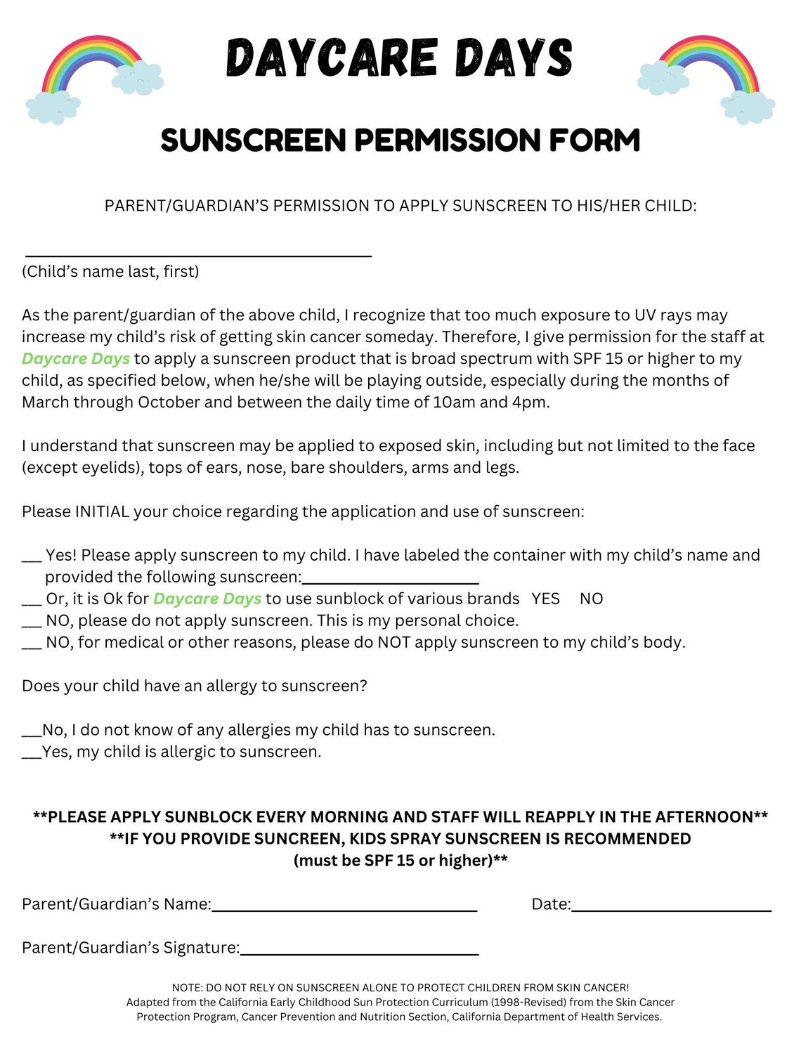 Sunscreen Permission Form - Etsy