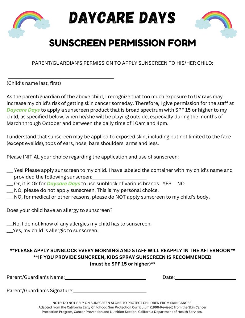 Sunscreen Permission Form - Etsy