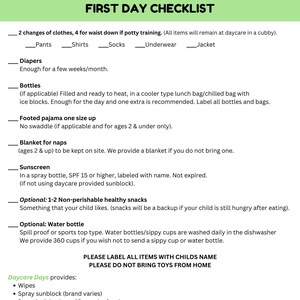 First Day of Childcare Checklist - Etsy