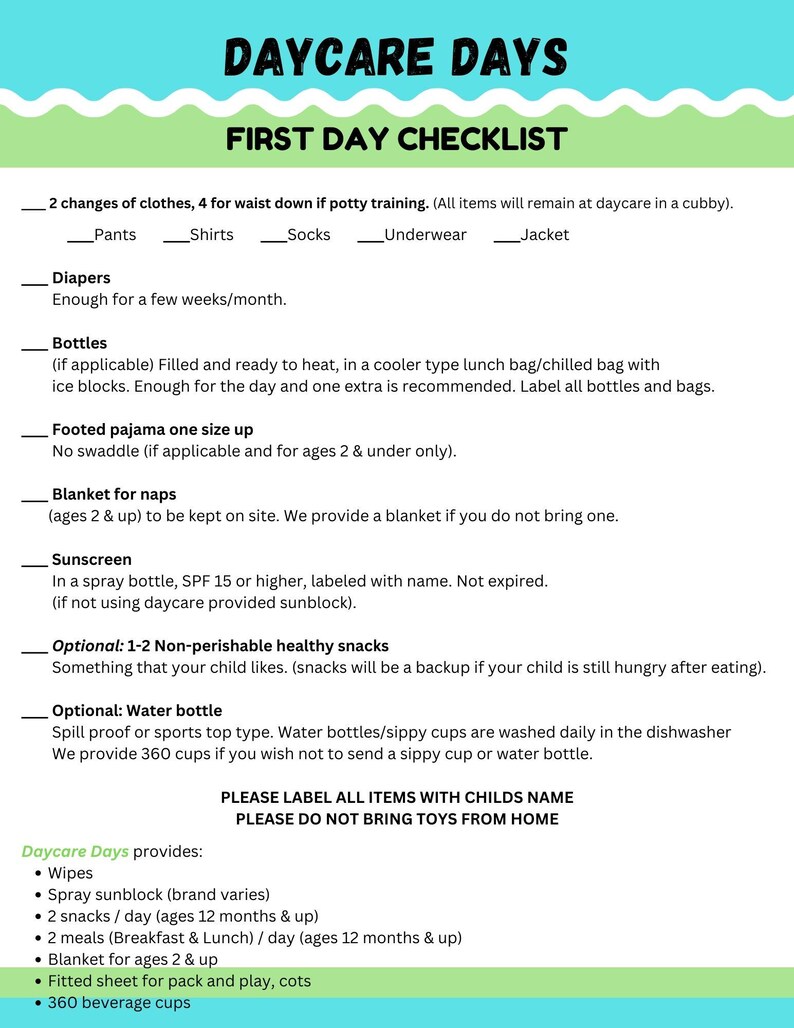 First Day of Childcare Checklist - Etsy