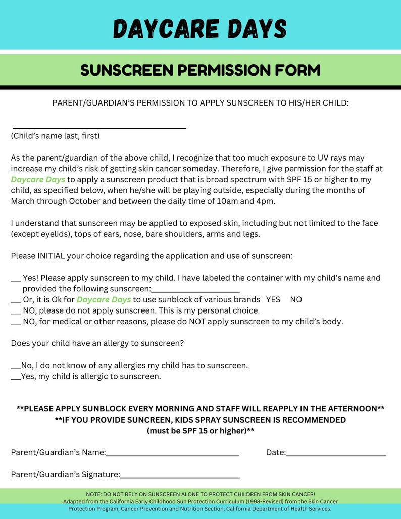 Sunscreen Permission Form - Etsy