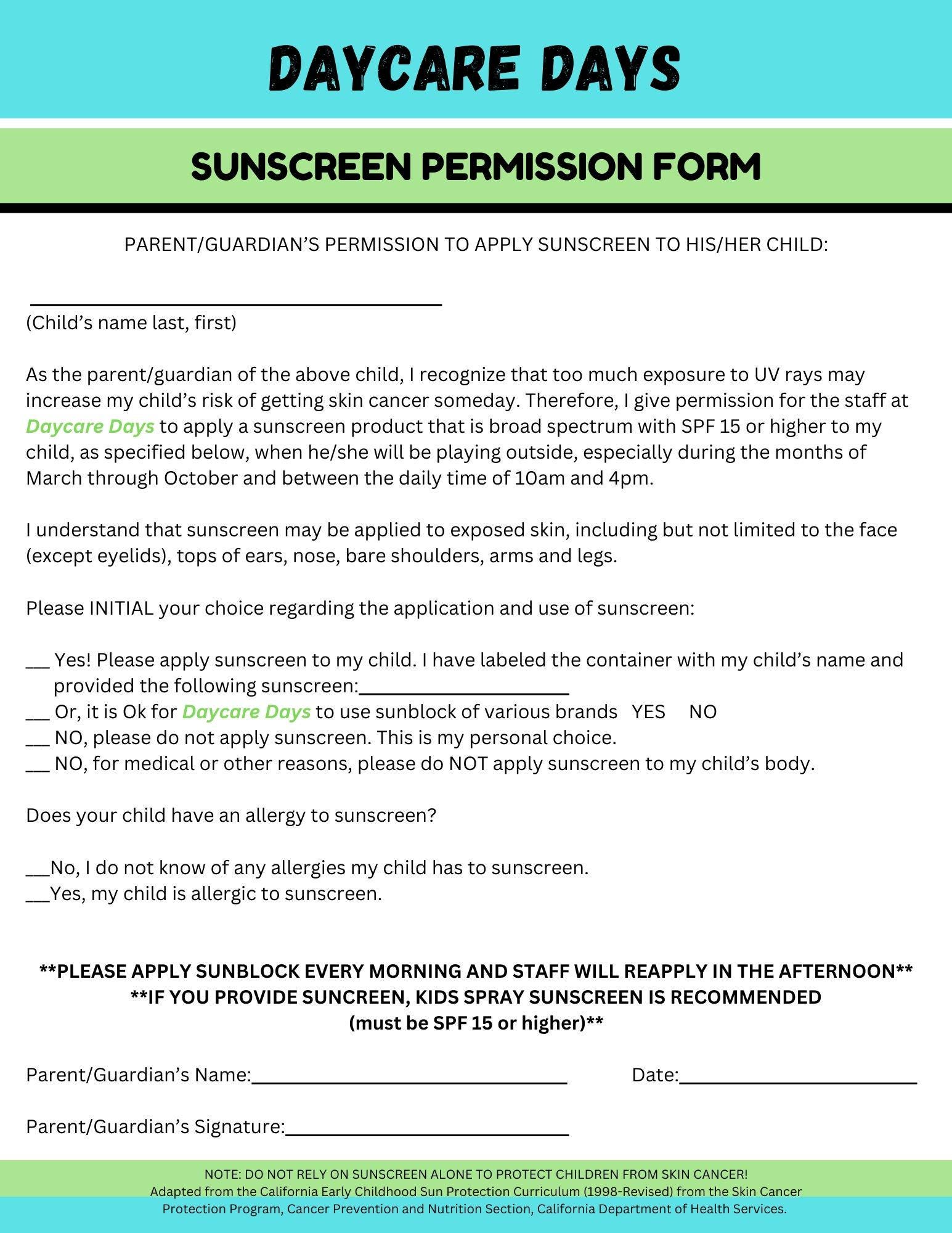 Sunscreen Permission Form - Etsy
