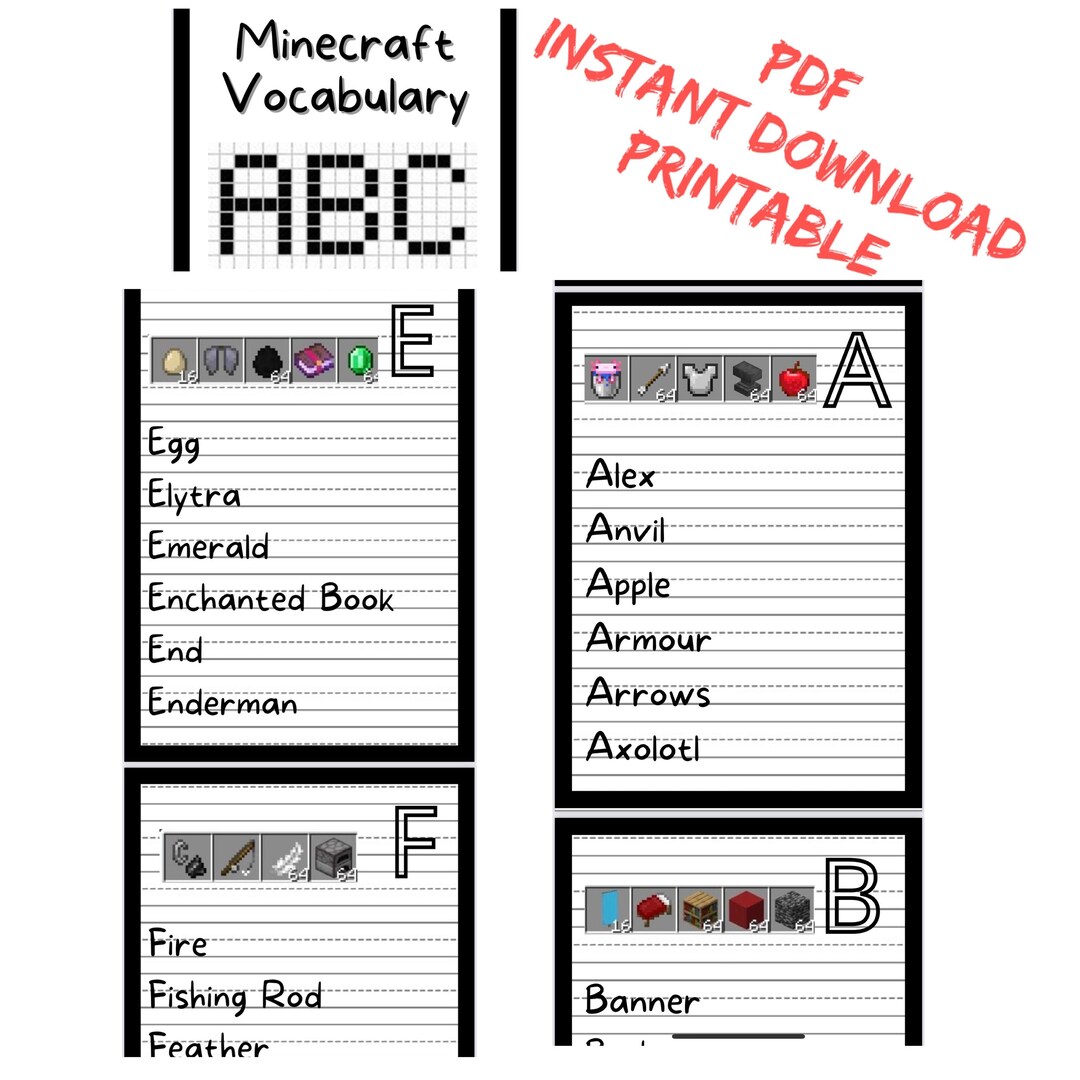 Minecraft Alphabet Vocabulary Words Spelling - Etsy