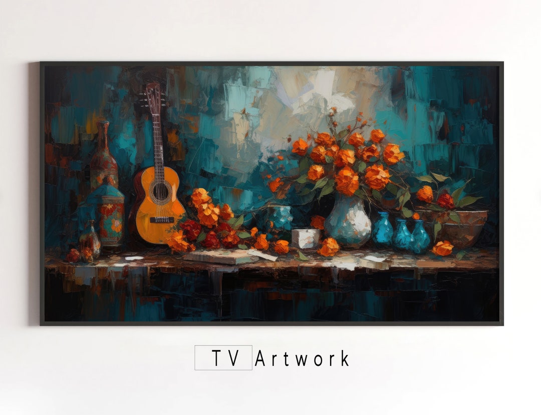 Samsung Frame TV Art | Still Scene With Guitar and Flowers | Vibrant ...